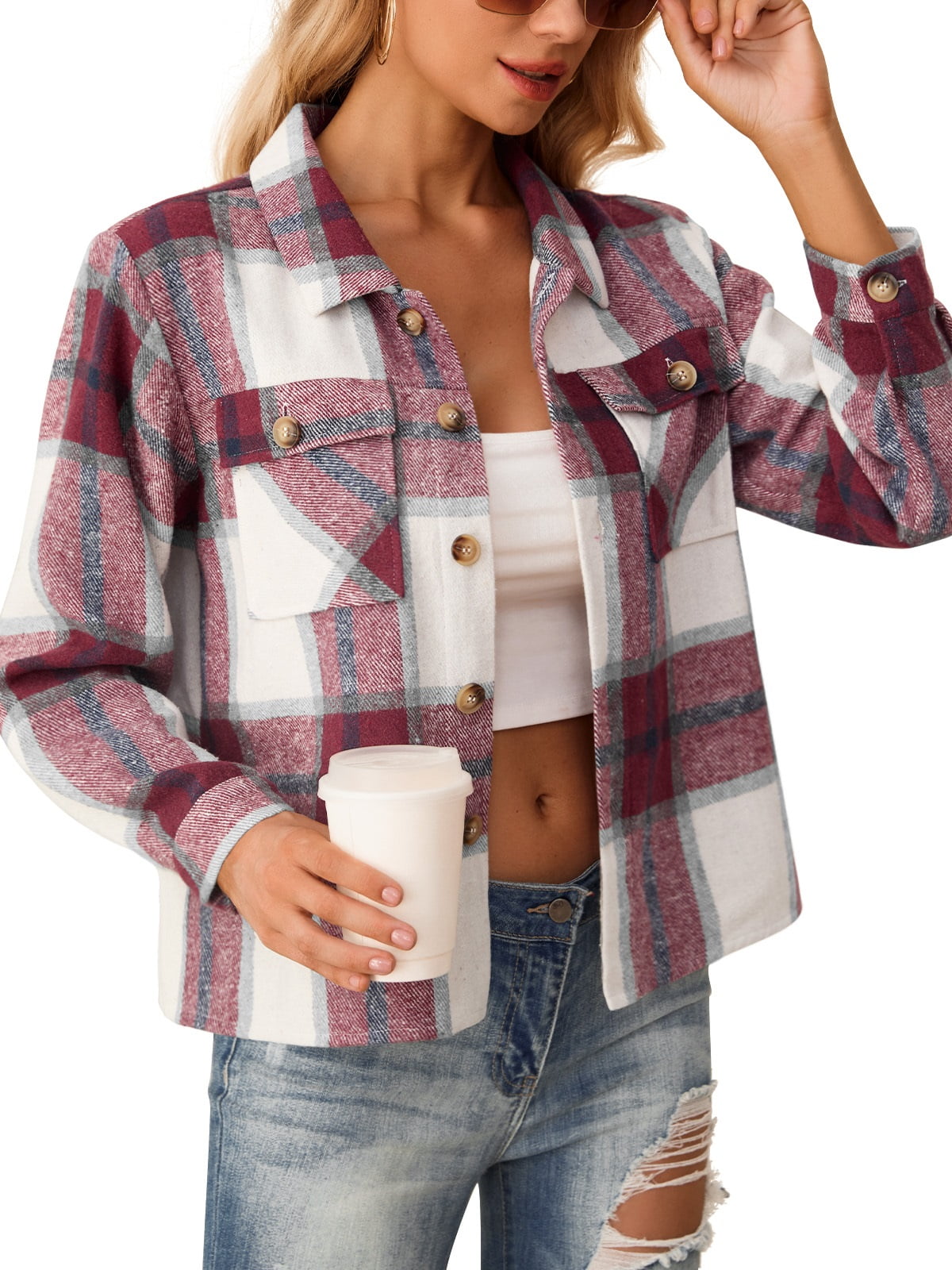 Anygrew Womens Shacket Plaid Shirts Flannel Shacket Jacket Long Sleeve ...
