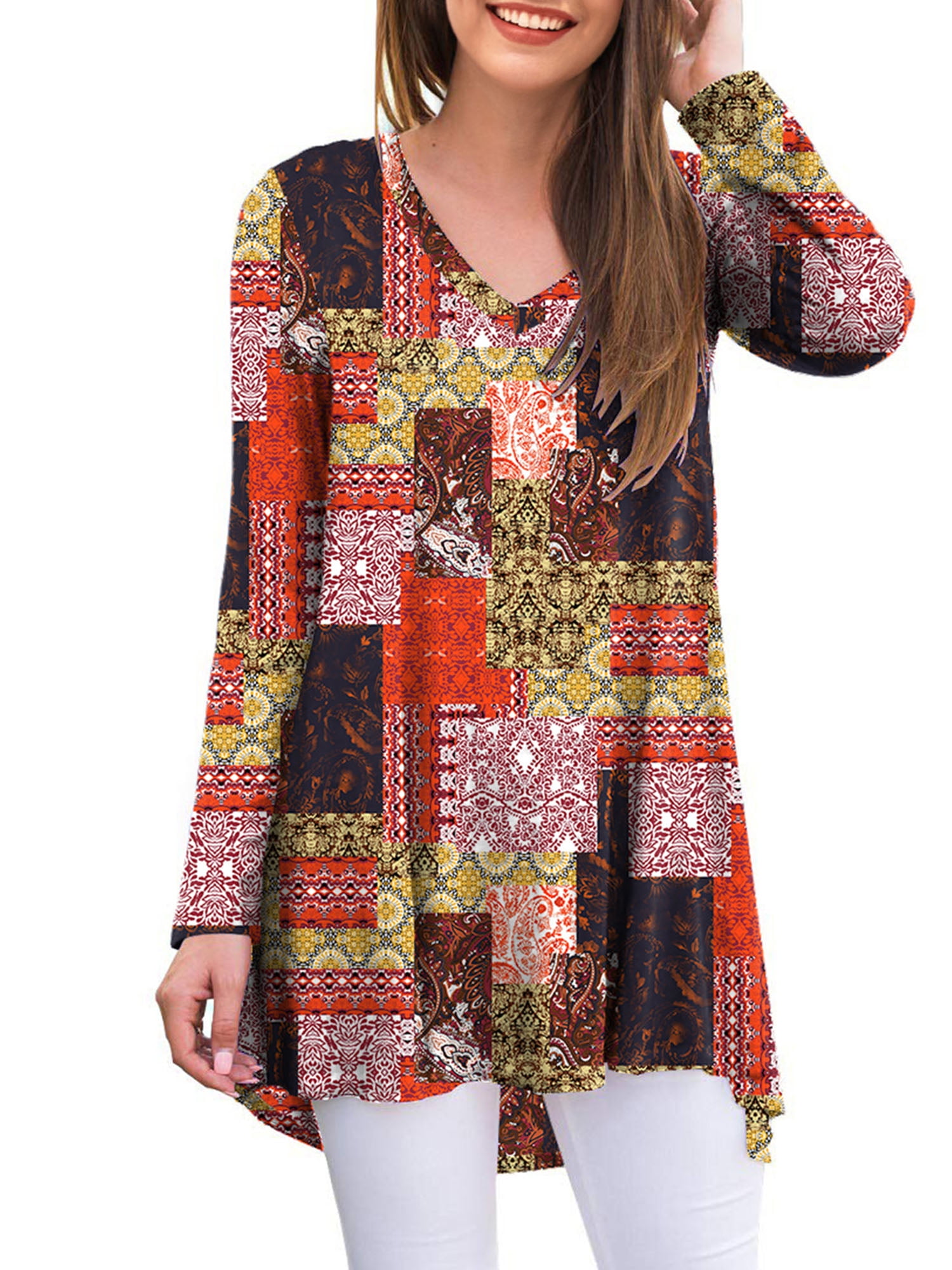Anygrew Womens Long Sleeve V Neck Shirts Casual Tunic Tops Blouse
