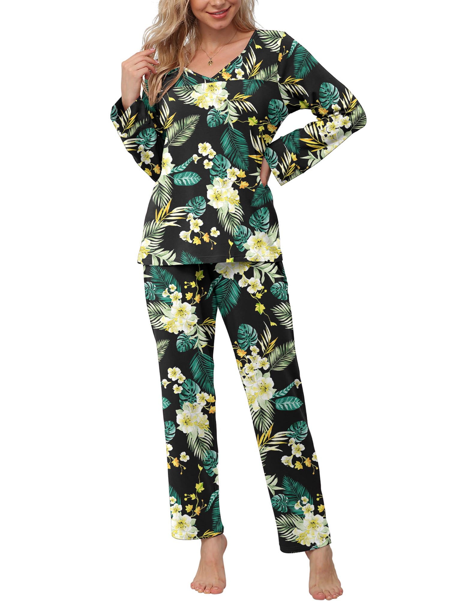 Anygrew Women's 2 Piece Pajamas Set with Long Sleeve Shirts, Long Pants ...