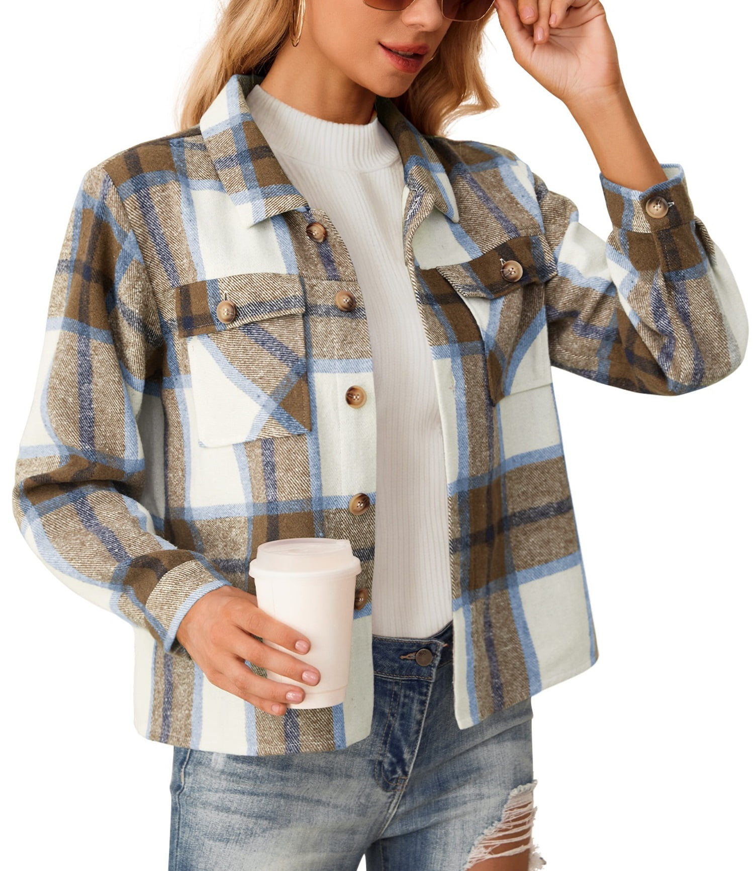 Anygrew Womens Shacket Plaid Shirts Flannel Shacket Jacket Long Sleeve ...