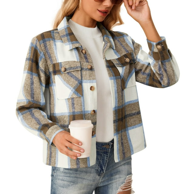 Anygrew Womens Shacket Plaid Shirts Flannel Shacket Jacket Long Sleeve ...