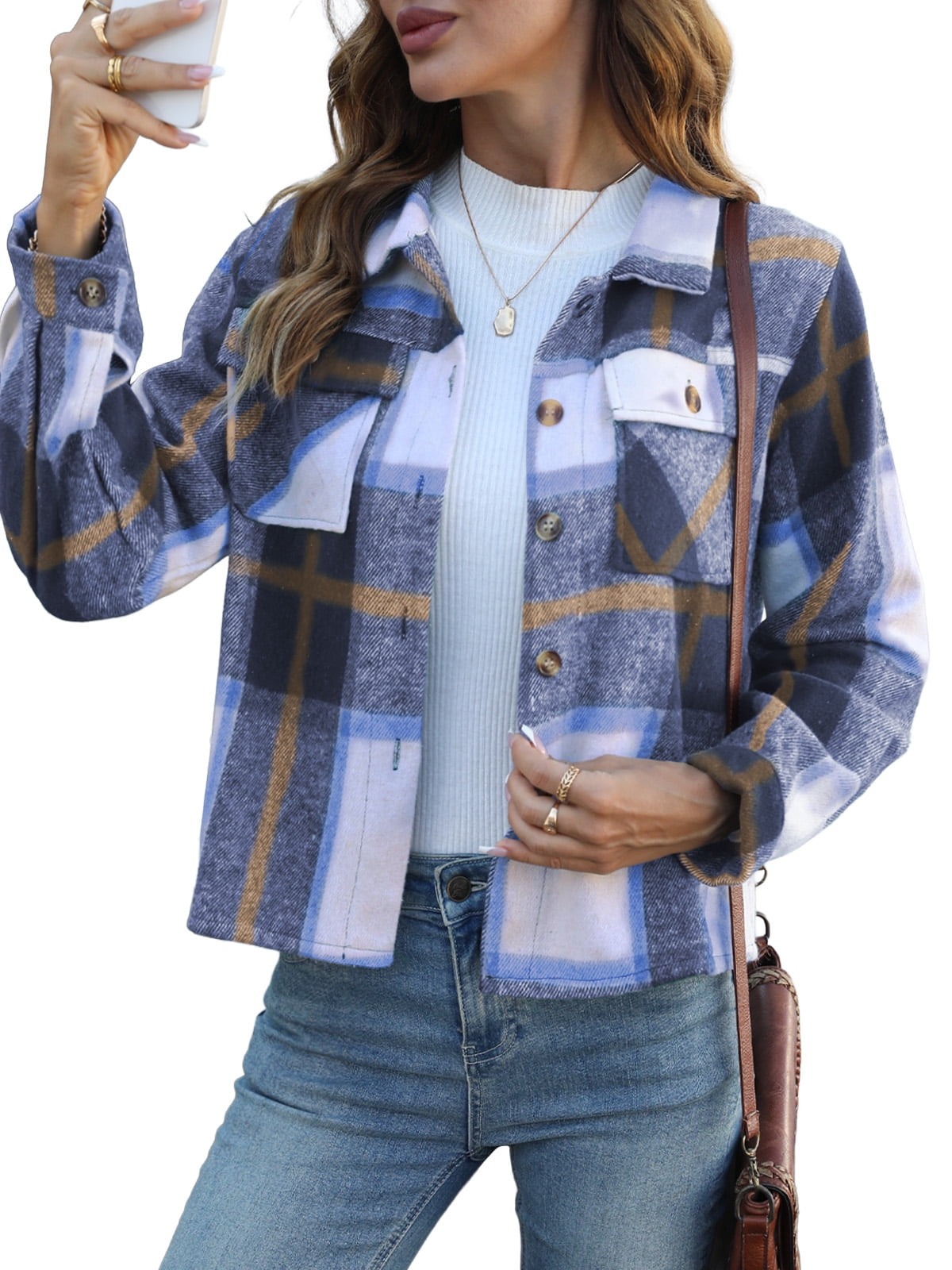 Anygrew Womens Shacket Plaid Shirts Flannel Shacket Jacket Long Sleeve ...