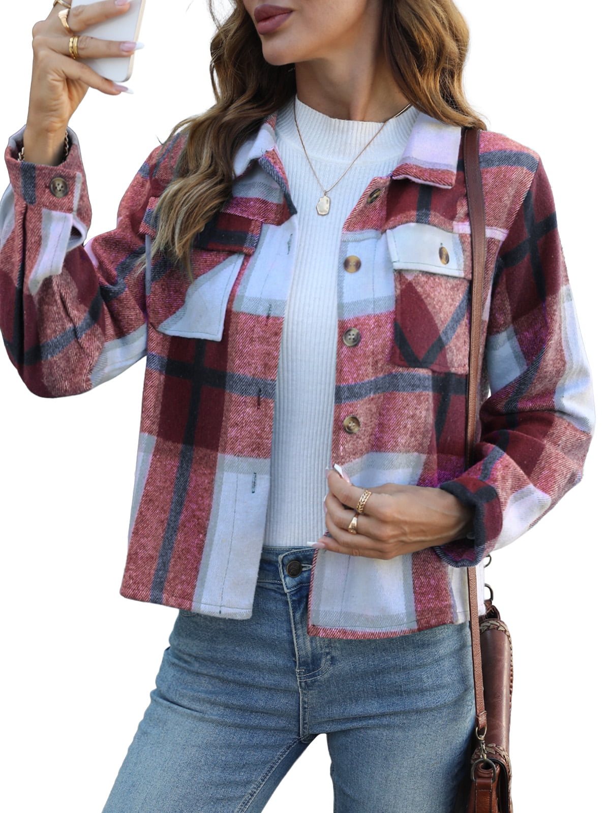 Anygrew Womens Shacket Plaid Shirts Flannel Shacket Jacket Long Sleeve ...
