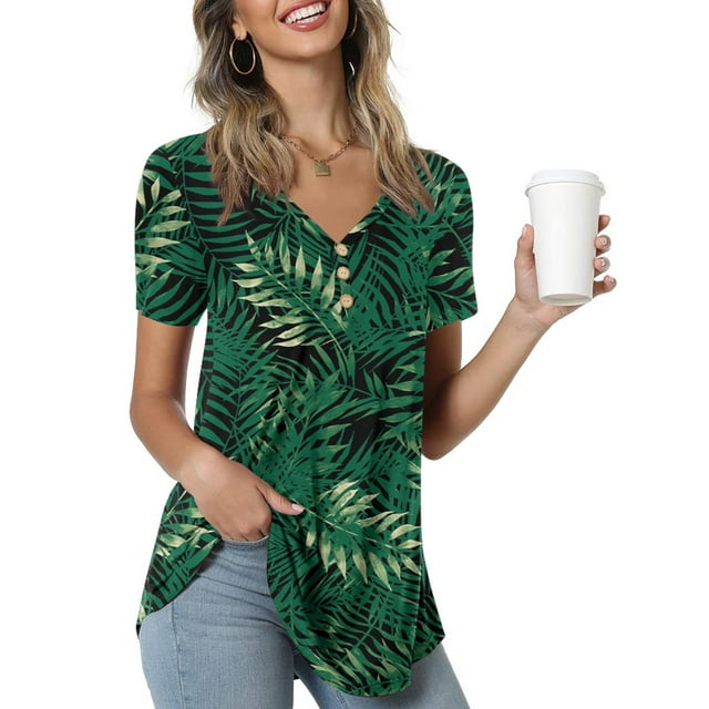 Anygrew Women's V-Neck Summer Tunic Tops, Short Sleeve, Loose Fit ...