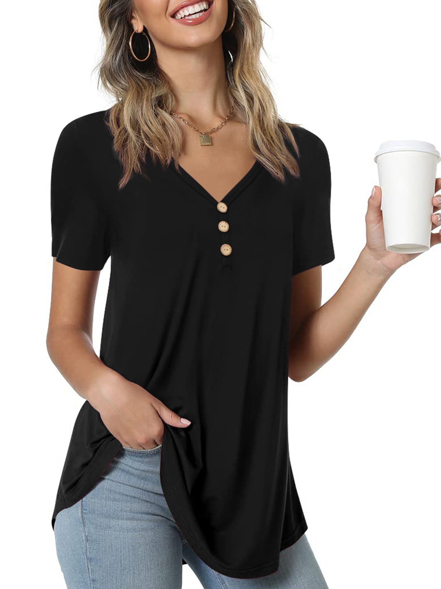 Anygrew Women's Short Sleeve V-Neck Tunic Tops, Loose Fit Casual Summer ...