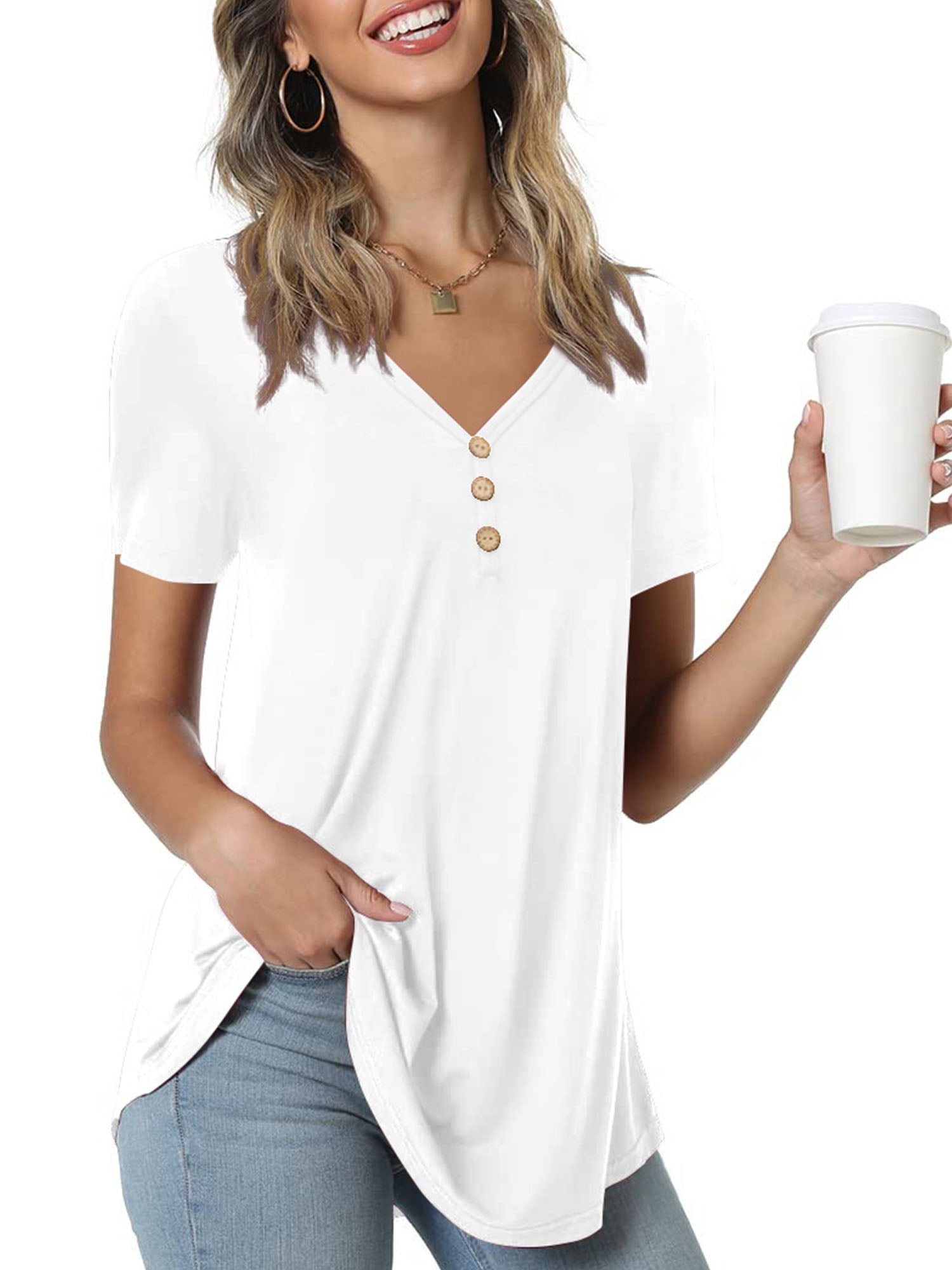 Anygrew Womens Summer Short Sleeve Tunic Tops Loose Fit Casual Blouses ...