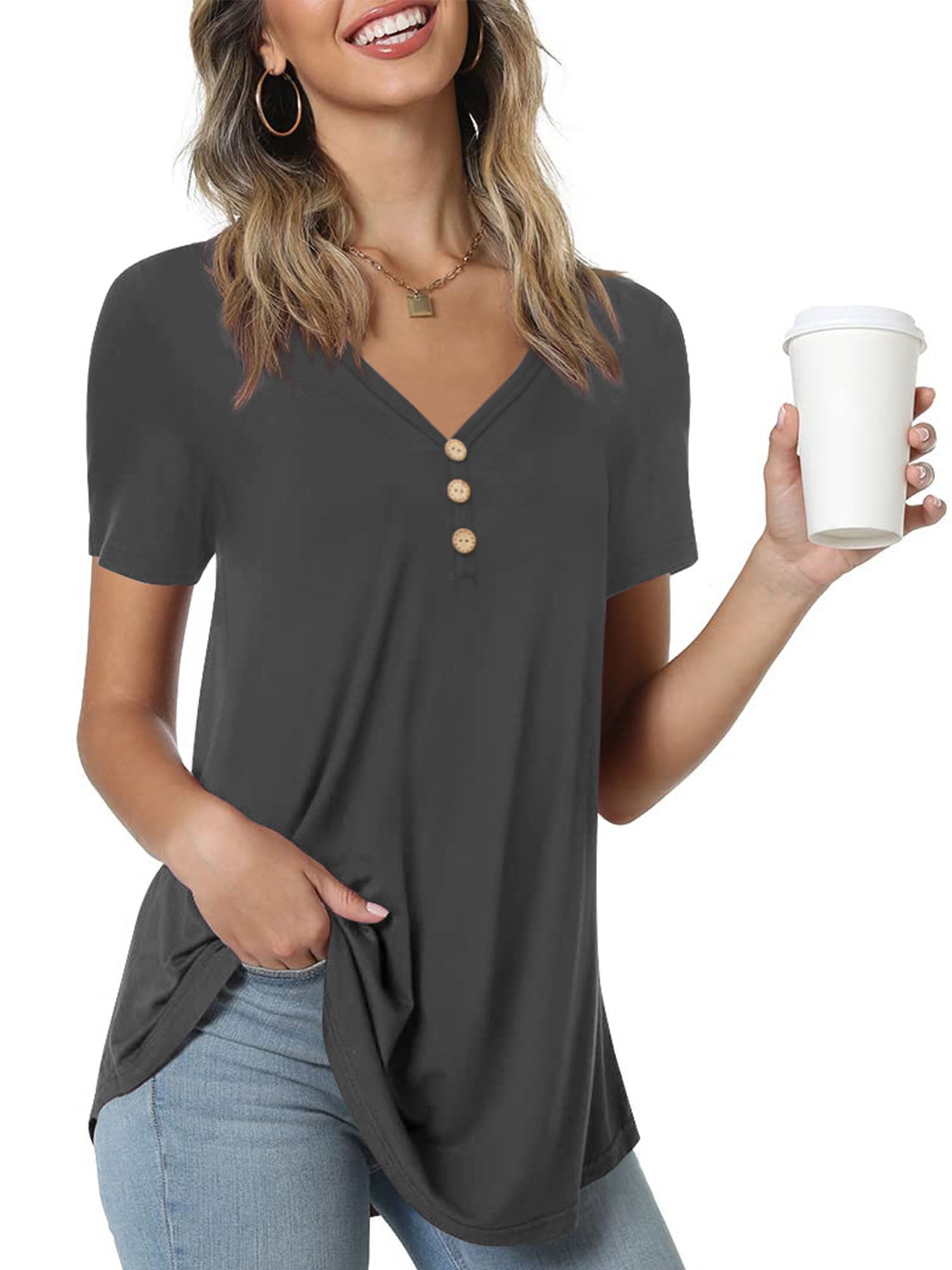 Anygrew Womens Summer Short Sleeve Tunic Tops Loose Fit Casual Blouses ...