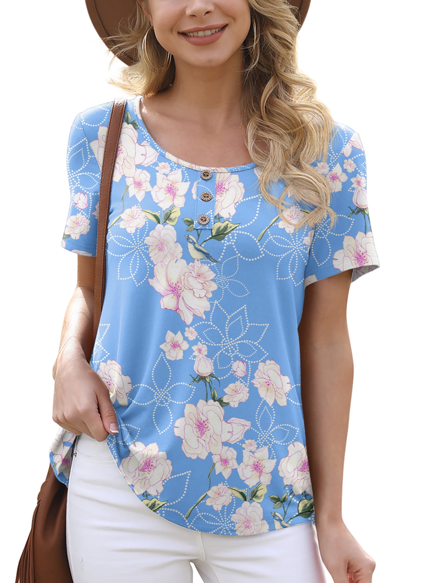 Anygrew Womens Summer Tunic Tops Casual Blouse Short Sleeve Buttons Up