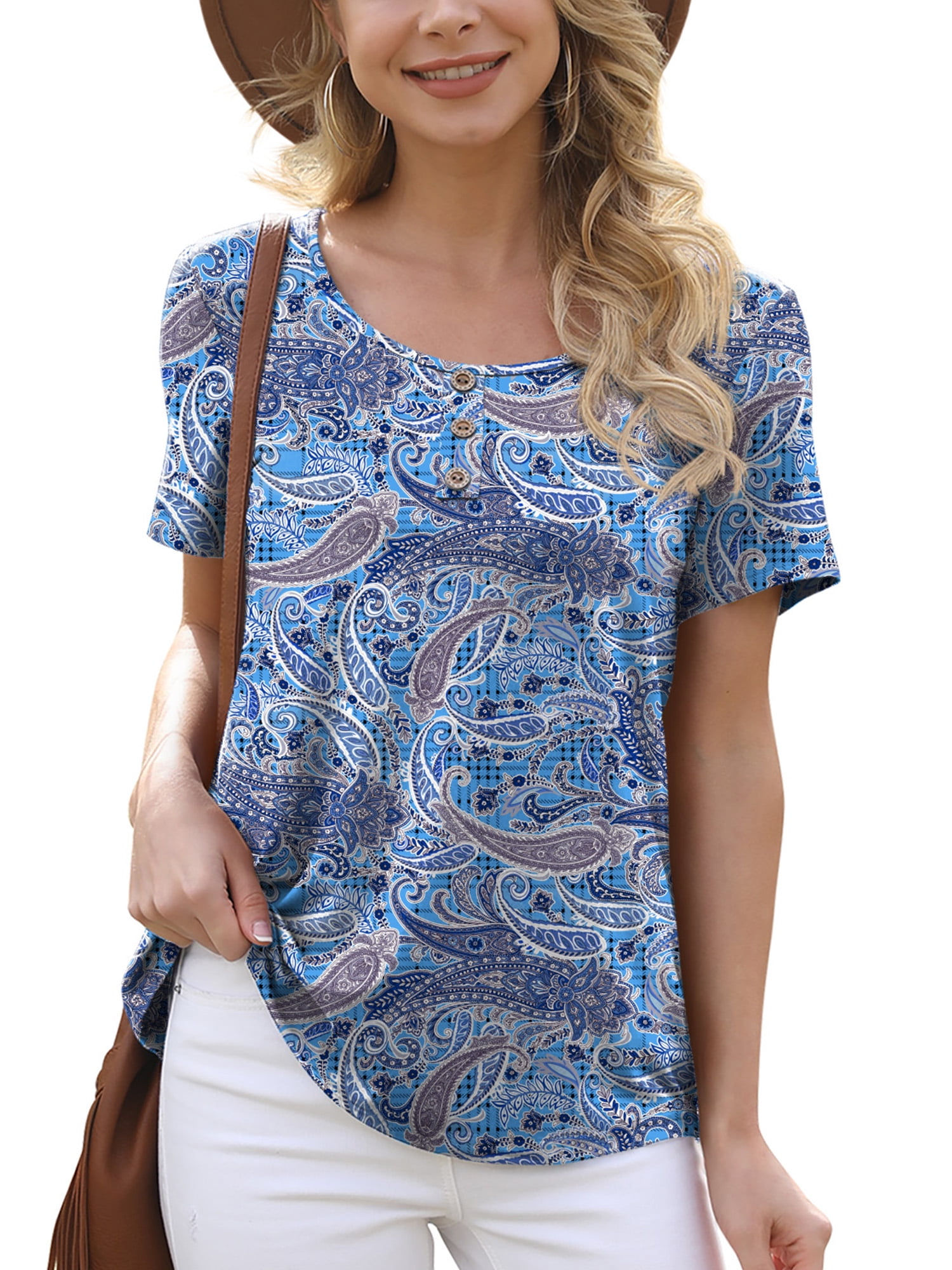 Anygrew Womens Summer Tunic Tops Casual Blouse Short Sleeve Buttons Up