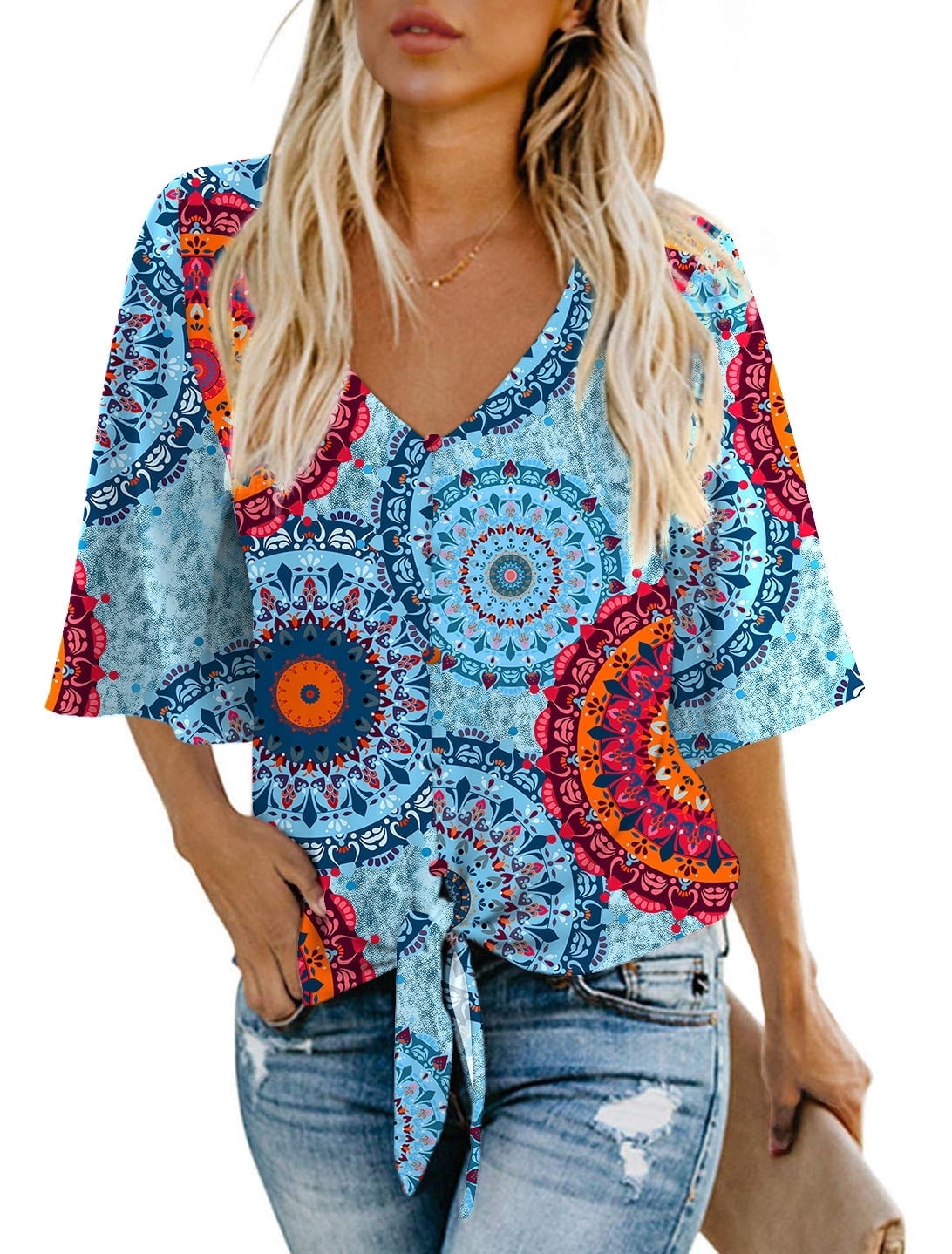 Anygrew Womens Tops Summer Blouses V Neck Batwing Sleeve Tops Tie Knot ...