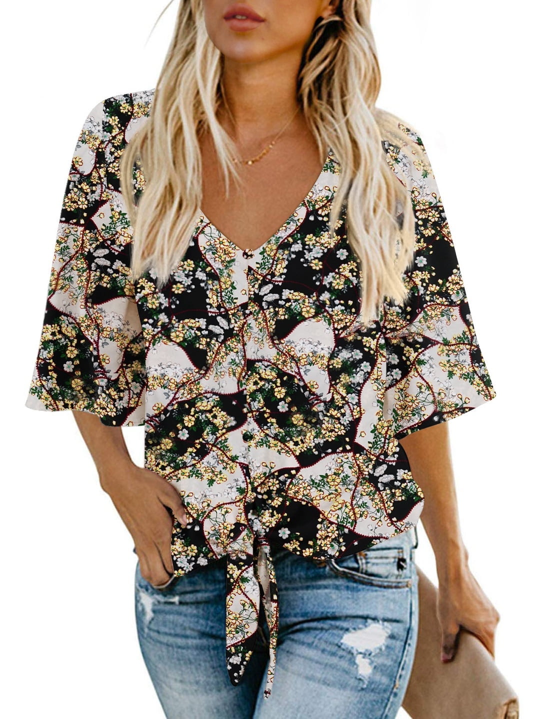 Anygrew Womens Tops 2025 Summer Blouses V Neck Batwing Sleeve Tops Tie ...