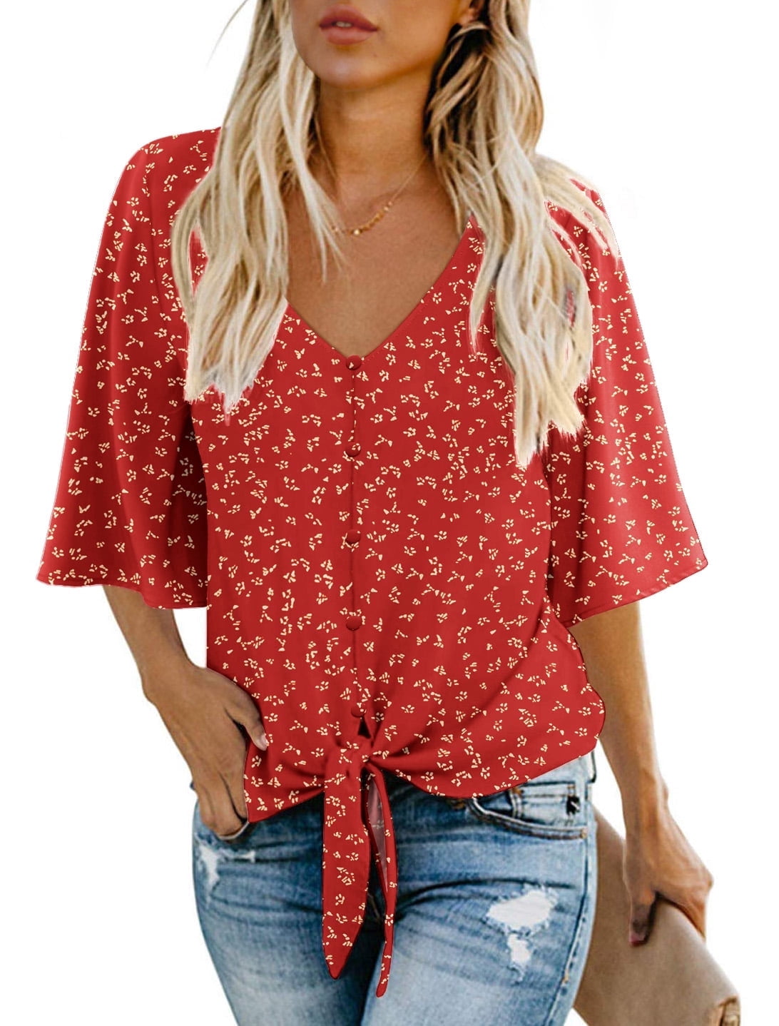 Anygrew Womens Tops Summer Blouses V Neck Batwing Sleeve Tops Tie Knot ...