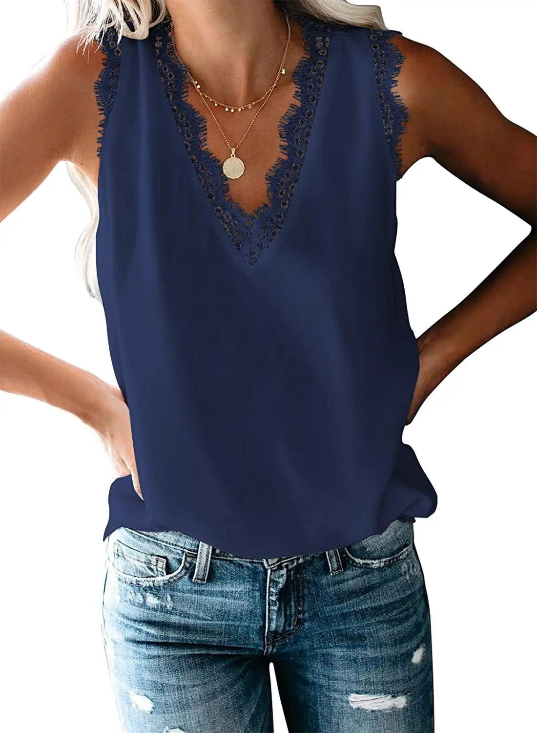 Anyjoin Women Sexy V Neck Lace Tank Tops Summer Sleeveless Chiffon ...