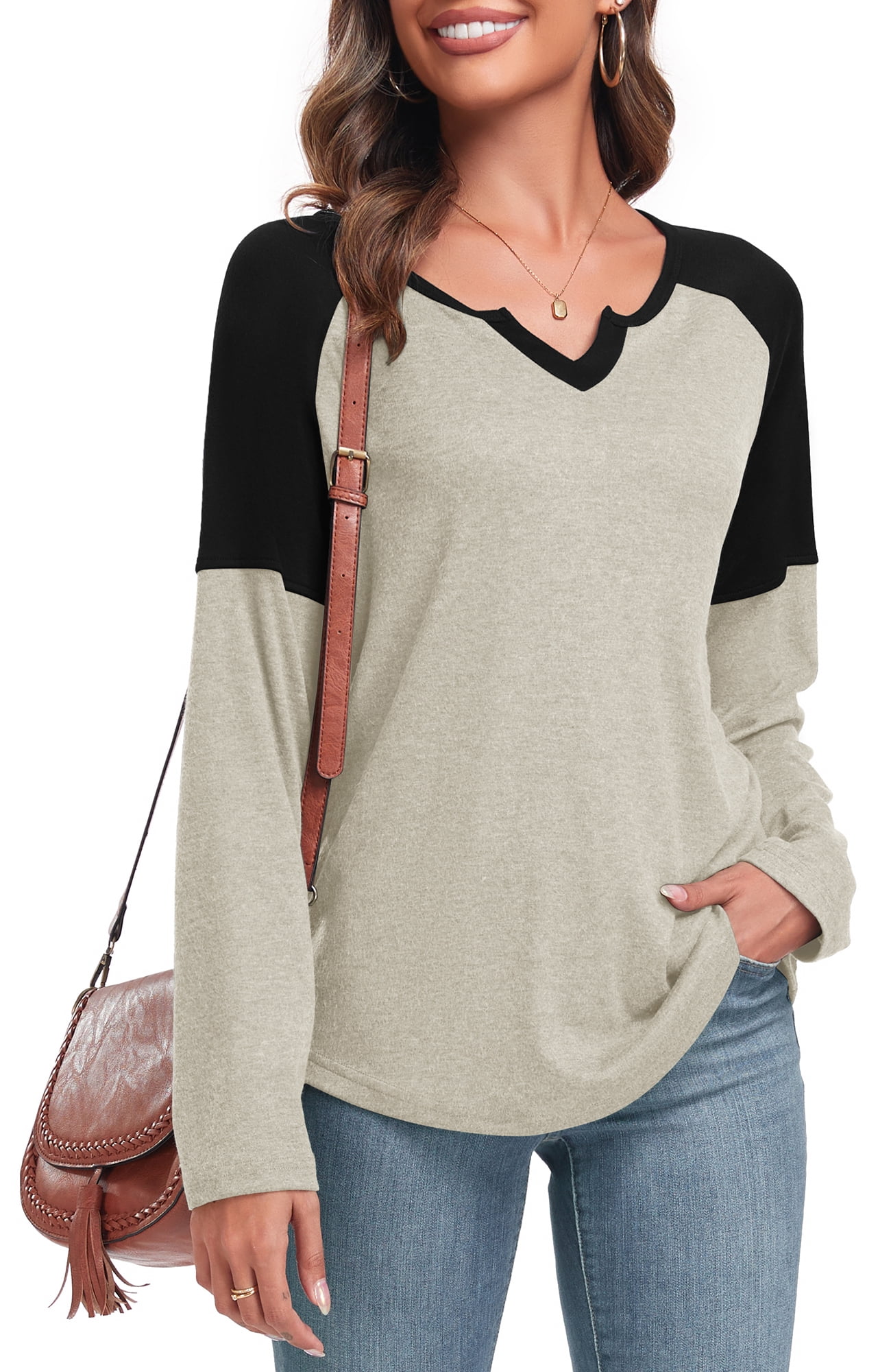 Anyjoin Women's Long Sleeve Tunic Tops V Neck Color Block Tops Loose ...