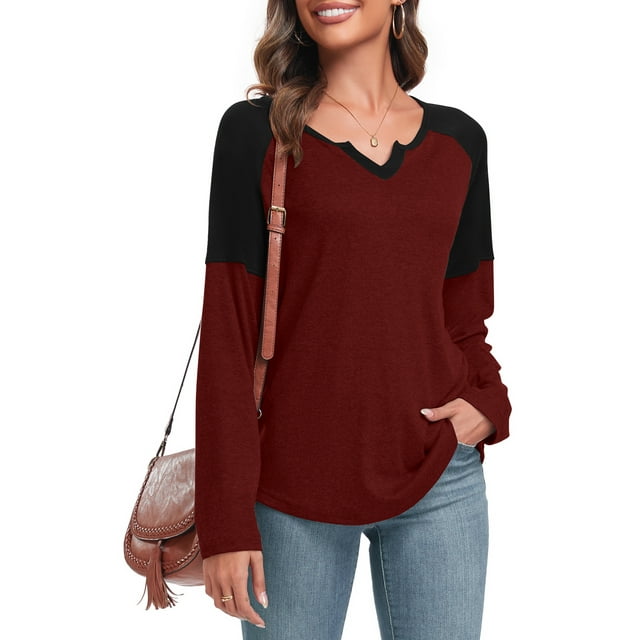 Anyjoin Womens Long Sleeve Tunic Tops V Neck Color Block Tops Loose Casual Blouse
