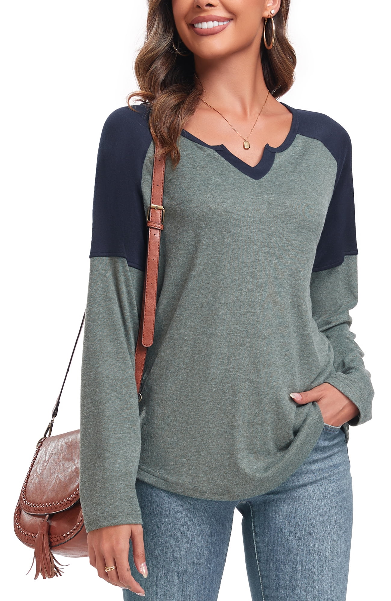 Anyjoin Women's Long Sleeve Tunic Tops V Neck Color Block Tops Loose ...