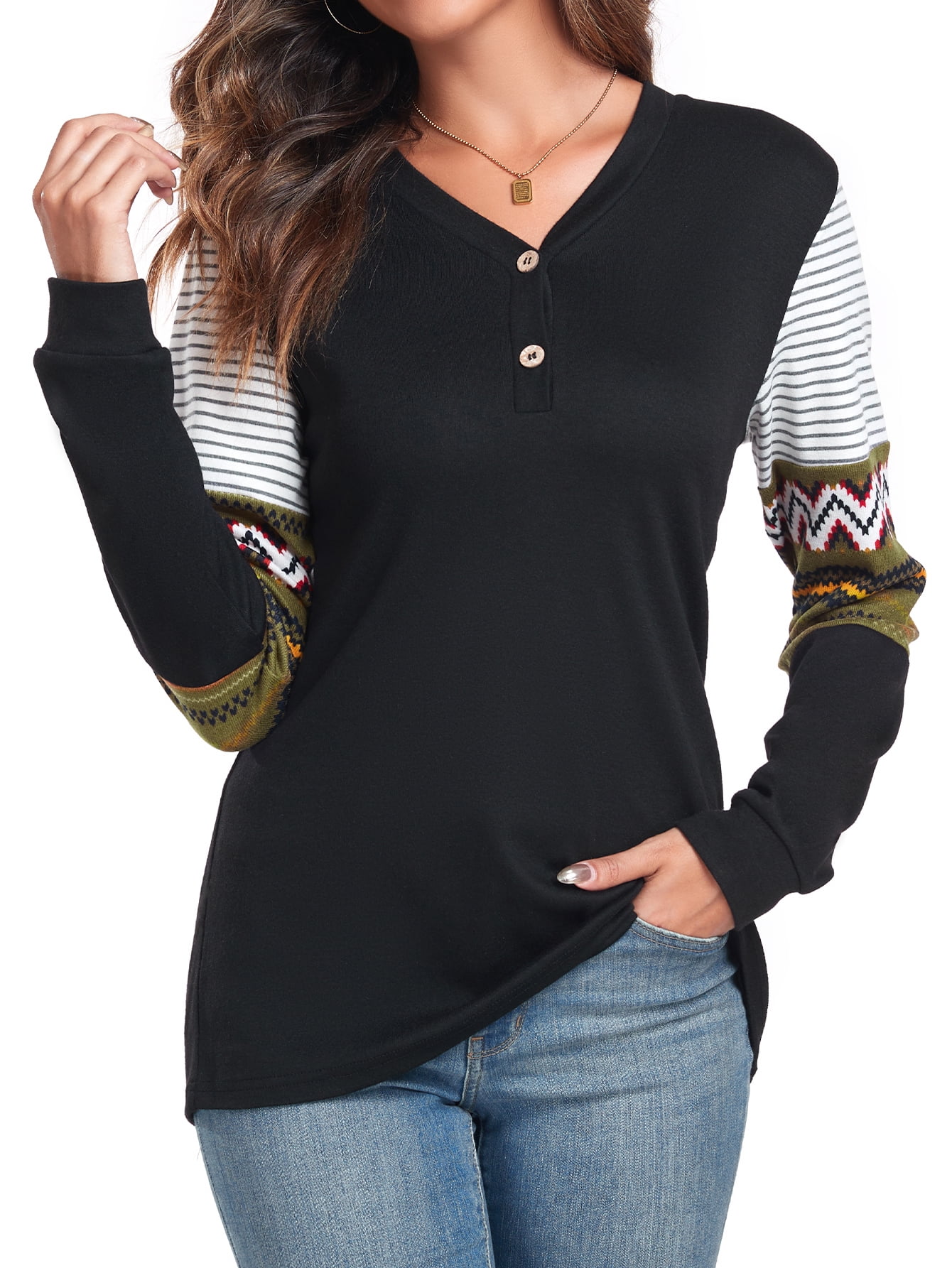 ANYJOIN Womens Button Up Long Sleeve Henley Tunic Tops V-Neck Casual ...