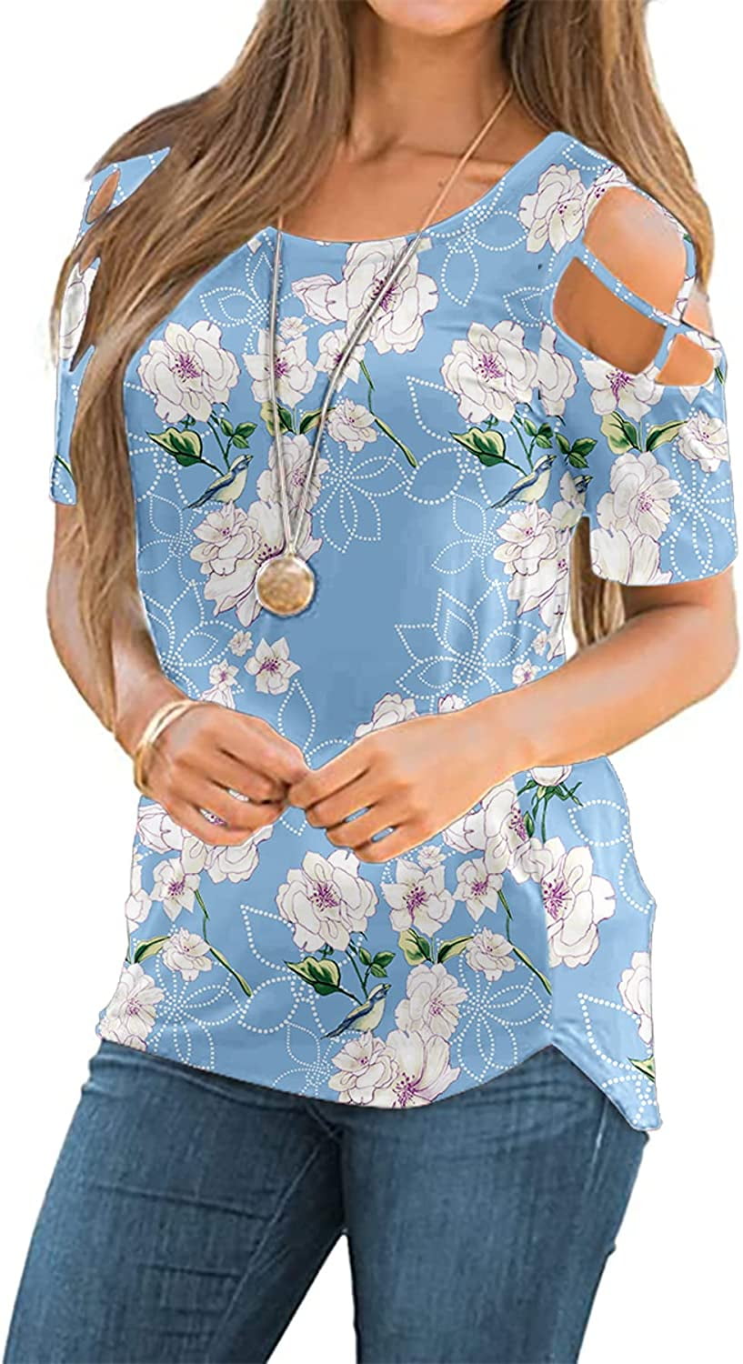 Anyjoin Womens Summer Casual T Shirt Strappy Cold Shoulder Short Sleeve