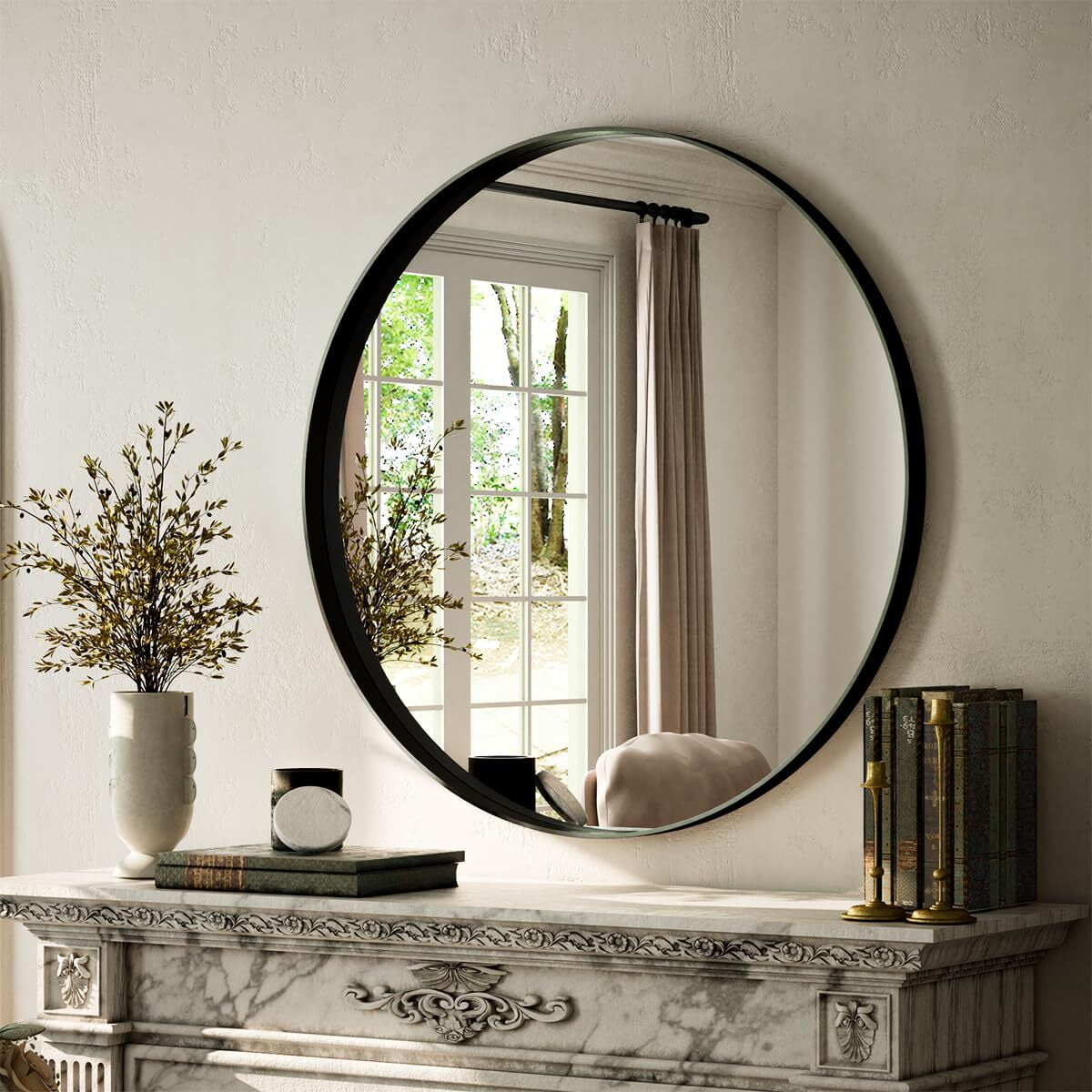 Anyrose 24" Round Bathroom Mirror Deep Frame Wall Vanity Mirror,Black ...