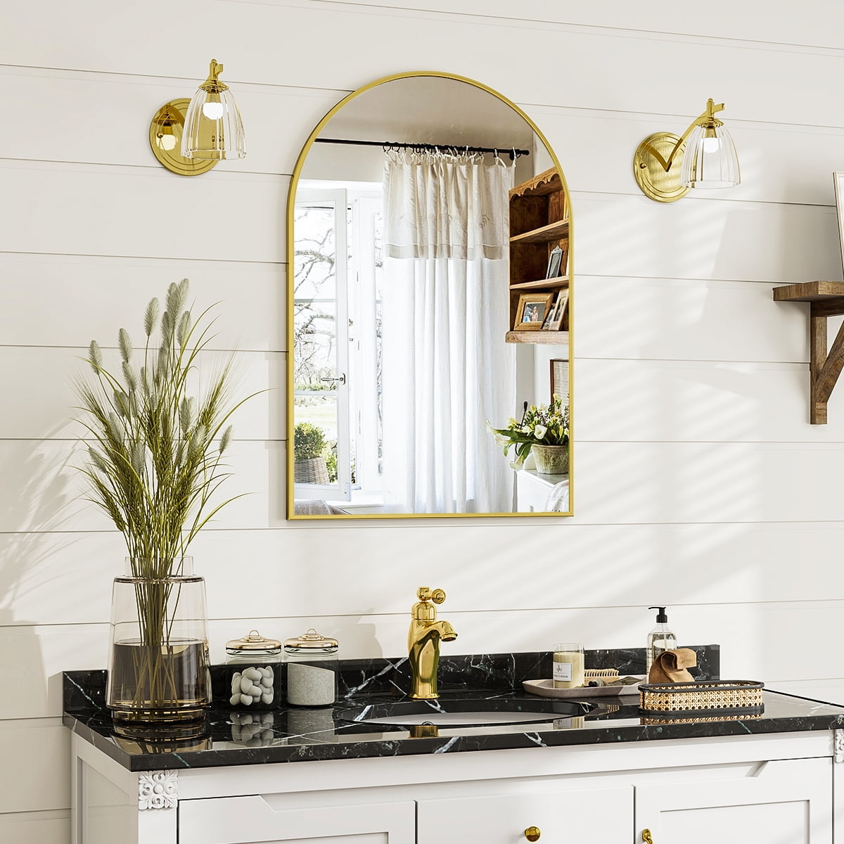 ANYROSE 24x16 Arched Vanity Mirror Black Aluminum Frame Safe Glass ...