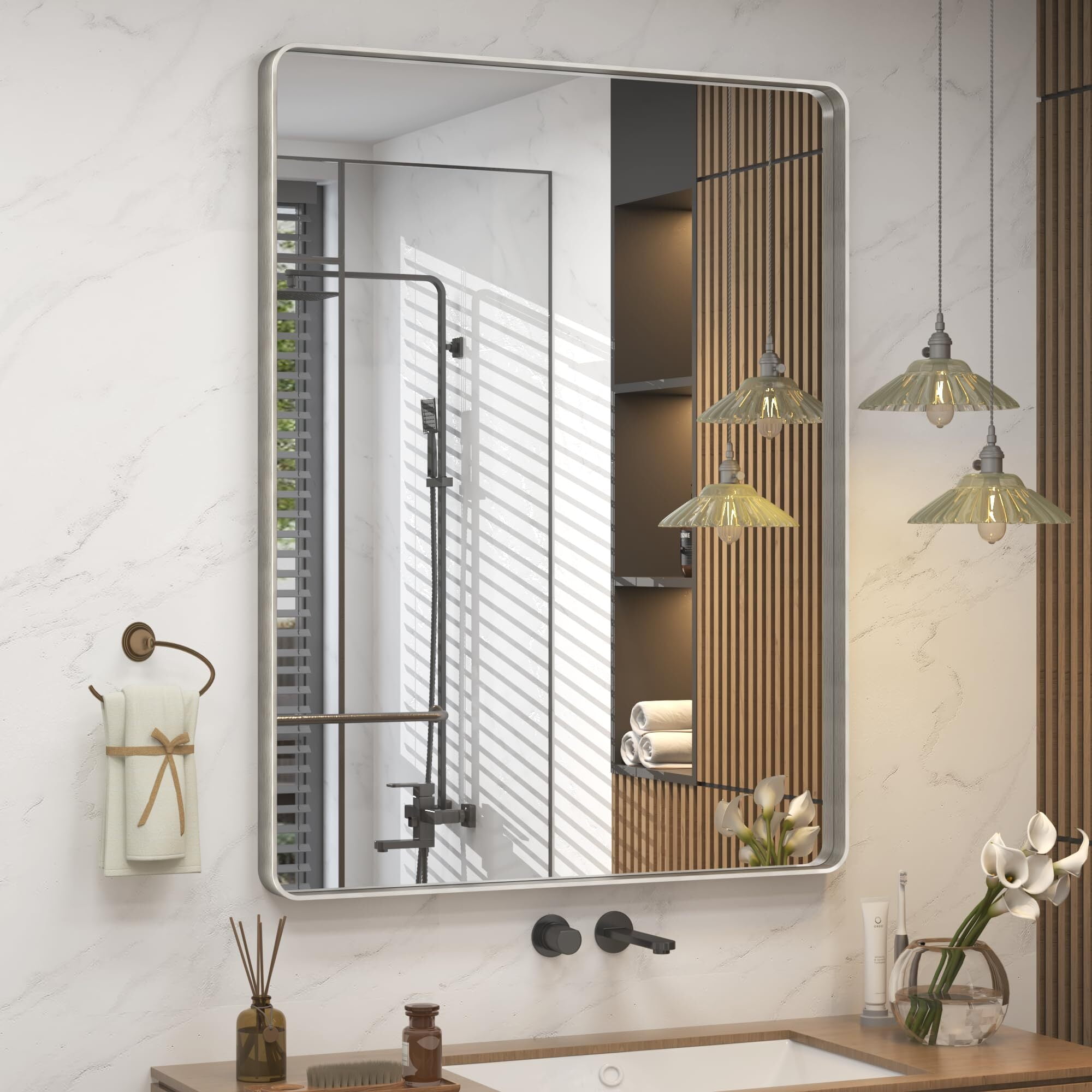 Anyrose 24x32 Inch Bathroom Mirror, Rounded Rectangle Metal Frame ...