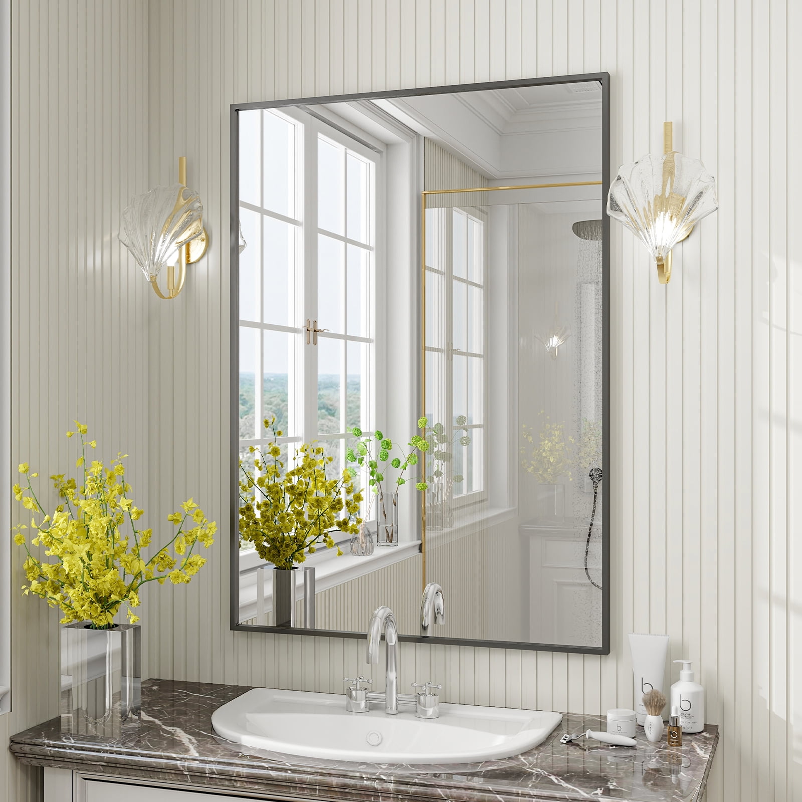 SEETHRUGLIMMER 36x24 Rectangular Bathroom Wall Mirror with Black Metal ...