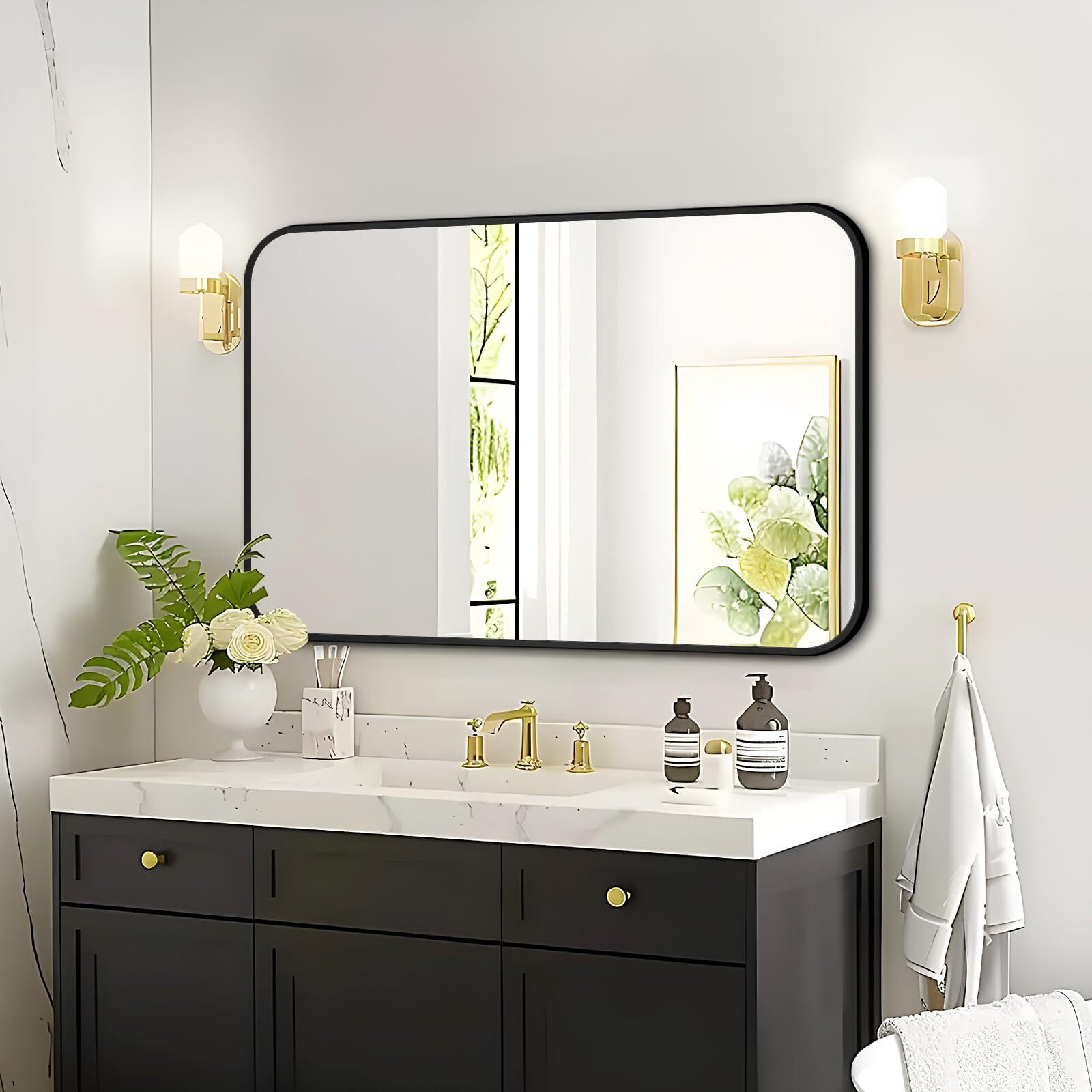 Anyrose Bathroom Mirror 24x36 Rectangle Mirror with Matte Metal Frame, Big Rounded Rectangular ...