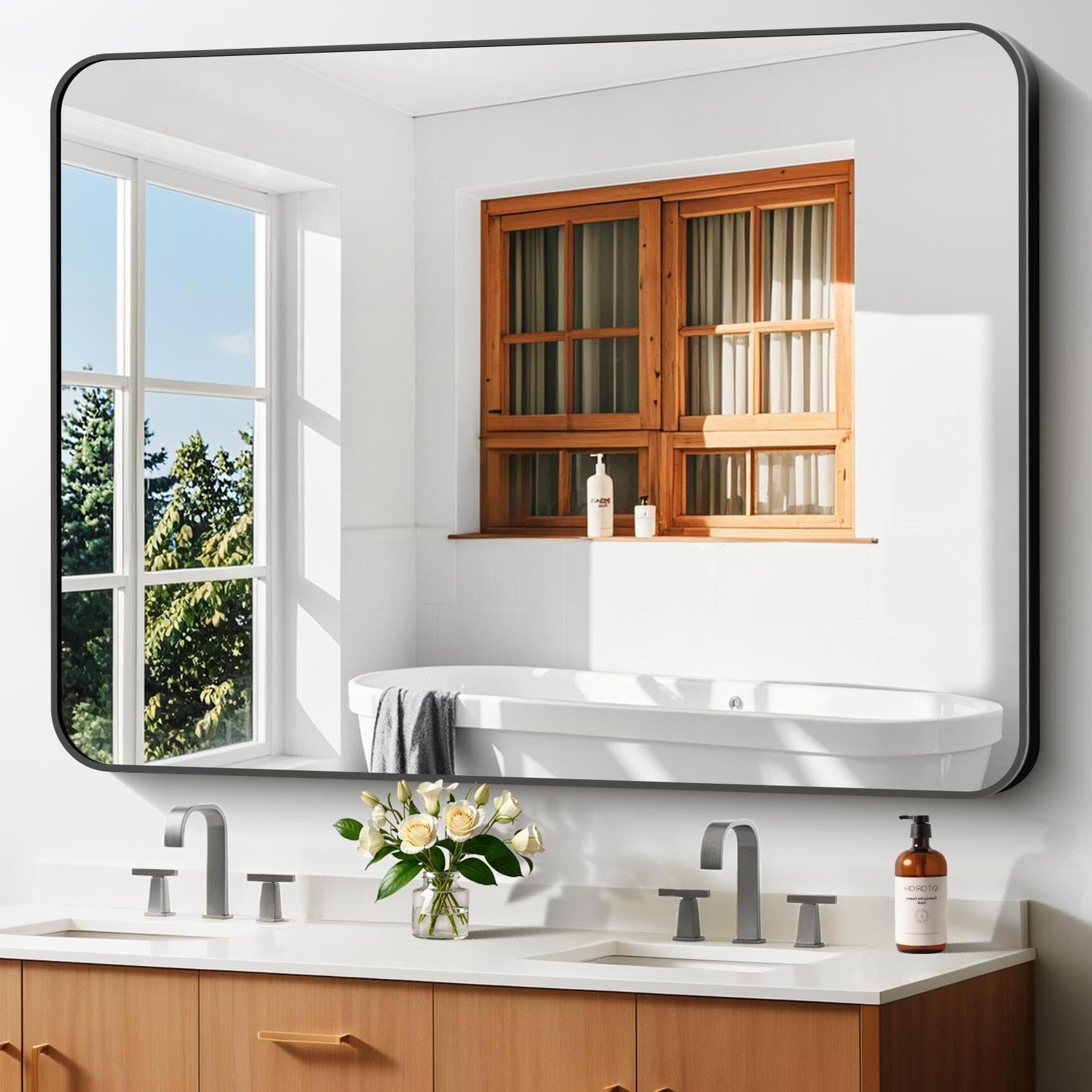 ANYROSE 36x48 Rectangle Bathroom Mirror, Black Aluminum Frame, Modern ...