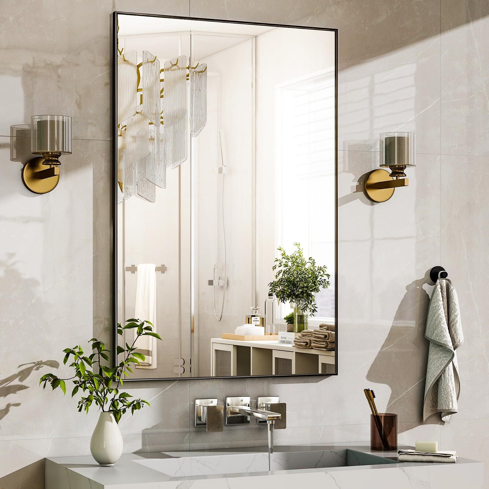 ANYROSE Rectangular Bathroom Mirror 26x38 Black Metal Frame Elegant ...