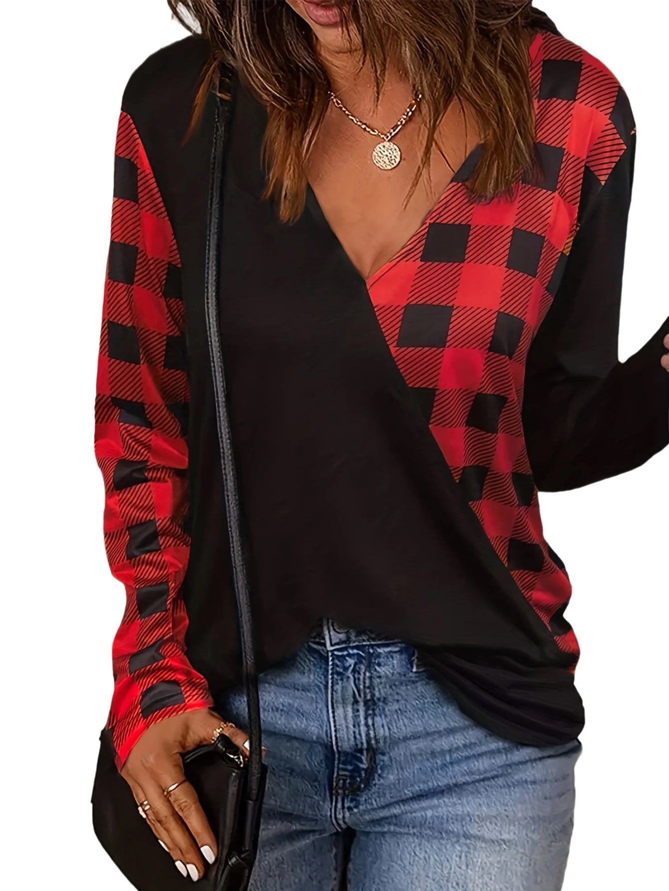 Anyshow Women's Color Block Plaid Tops V Neck Long Sleeve Casual ...
