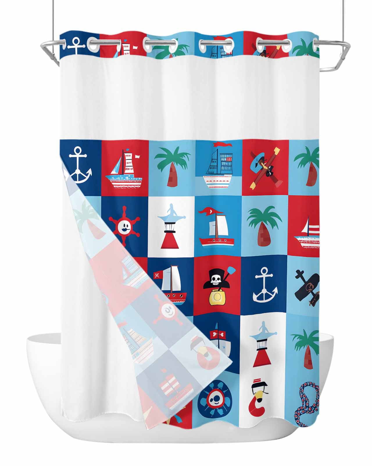 Anzona No Hook Shower Curtains, Red Blue Plaid Coastal Long Bathtub ...