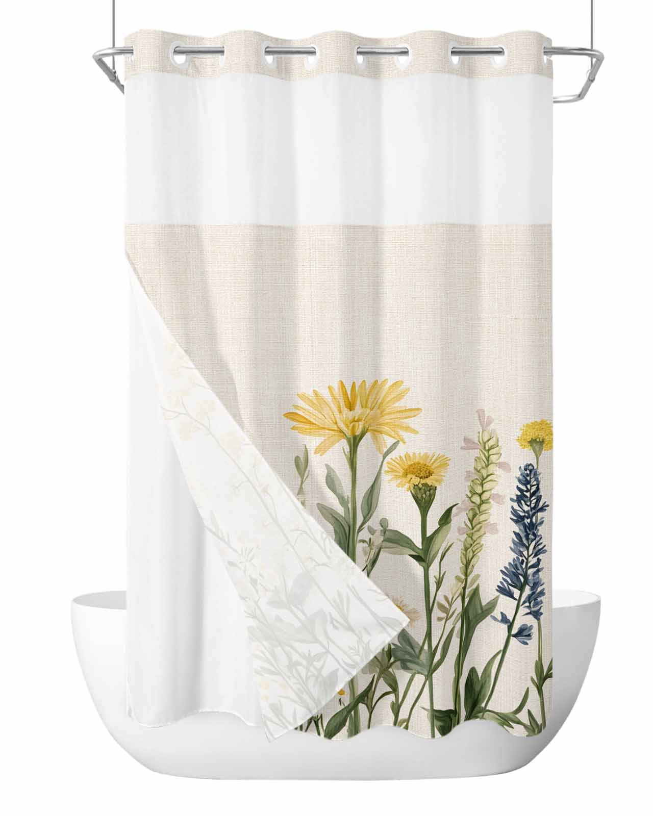 Anzona No Hook Shower Curtains, Yellow Spring Floral Small Shower ...