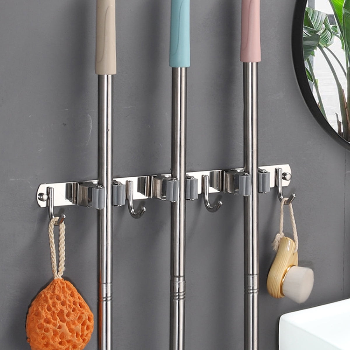 Ghojet 3 Racks and 4 Hooks Broom and Mop Holder Stainless Steel Mop ...