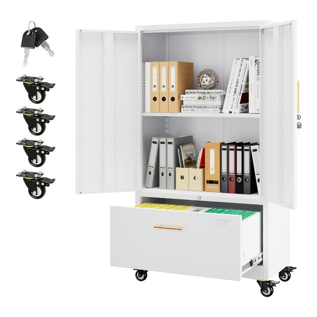 Aobabo 1 Drawer Metal Lateral File Cabinet with Wheels & Shelf , Wide ...