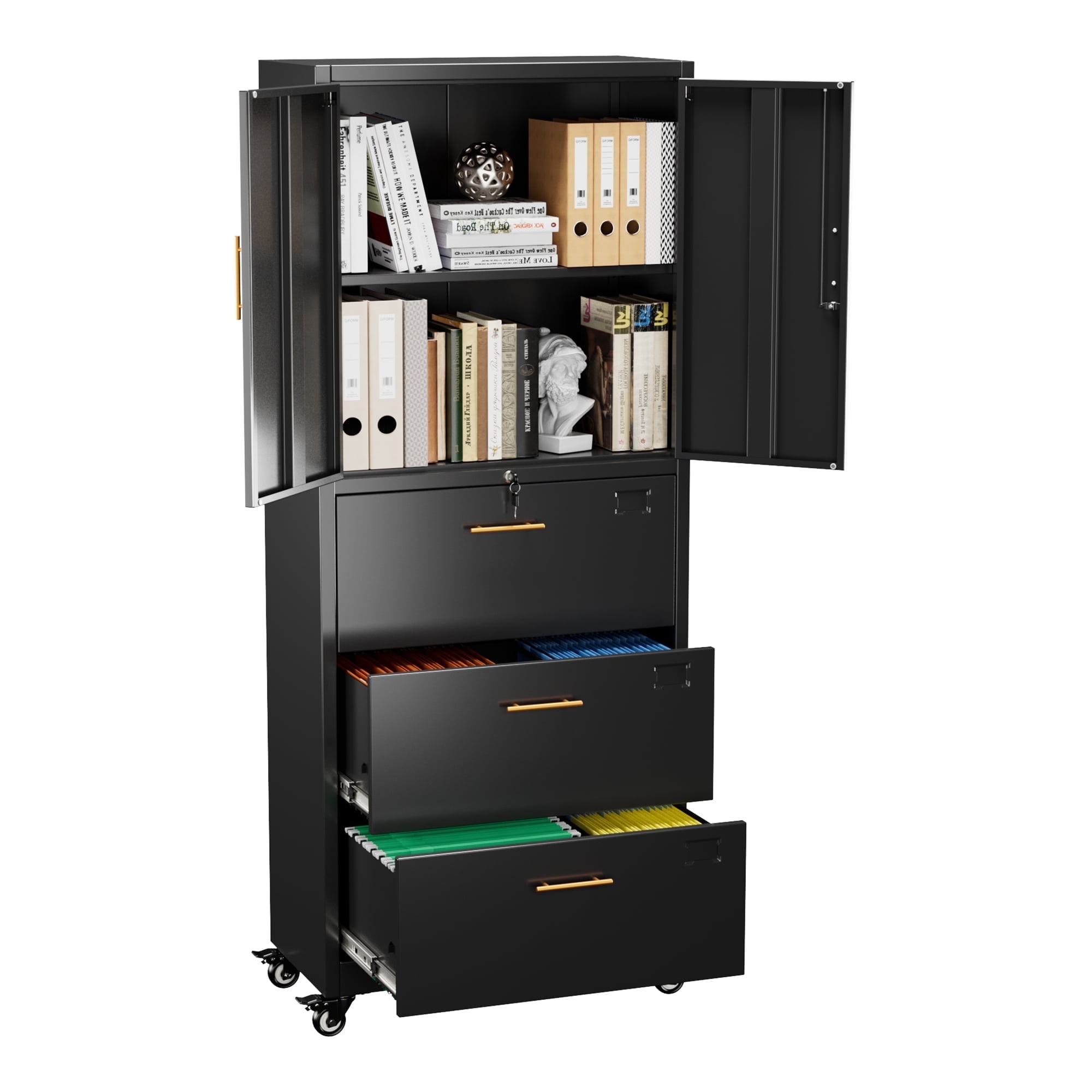 Aobabo 3 Drawer Metal Lateral File Cabinet with Wheels & Shelf , Wide ...