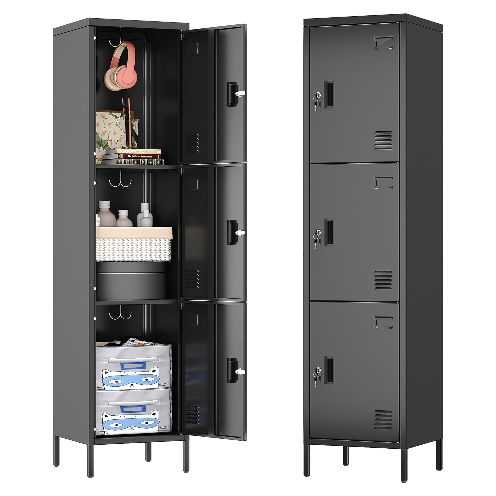 Aobabo 66.2" H Metal Locker with Hooks and Ventilation Holes,3 Door ...