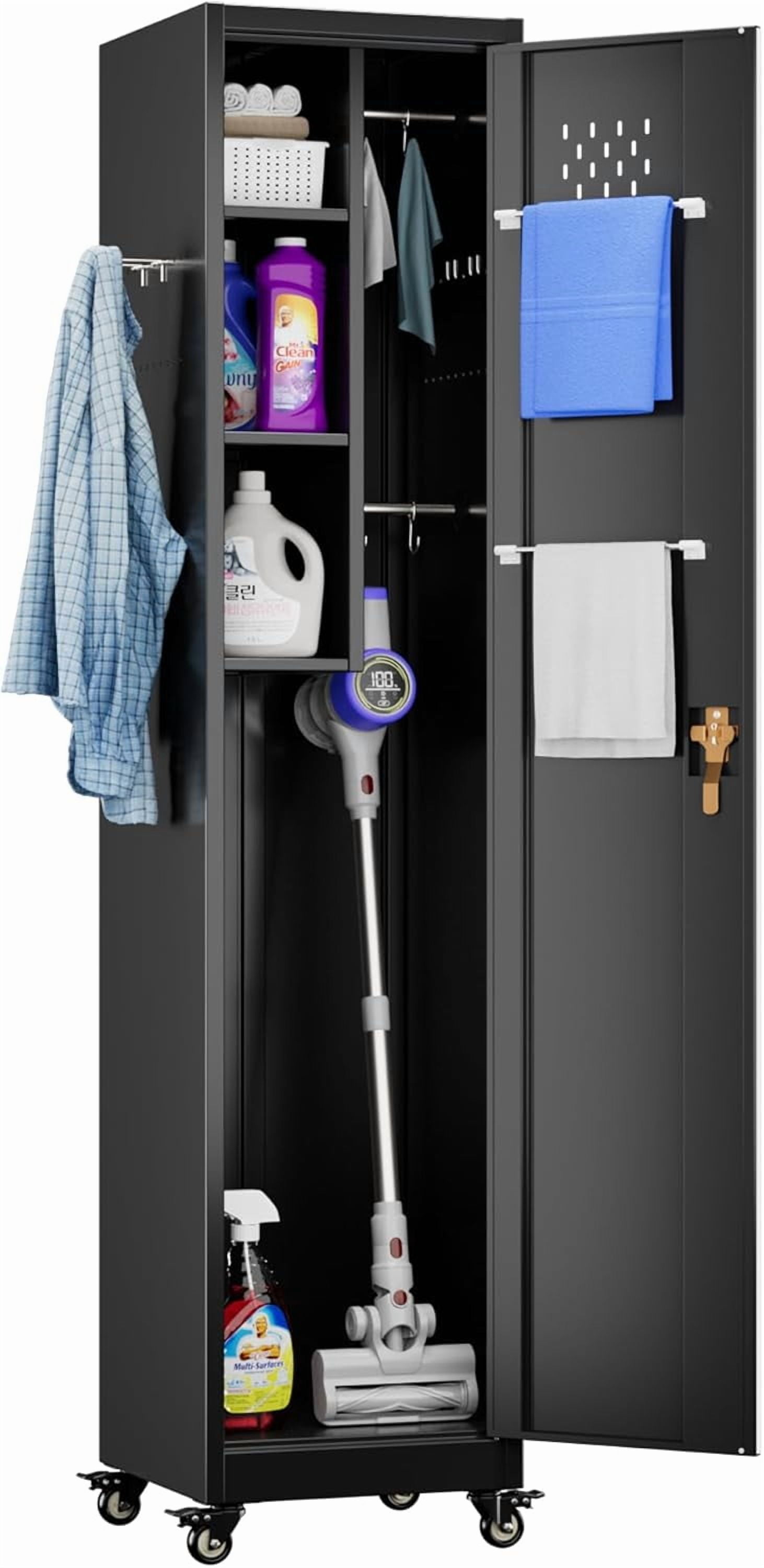 Aobabo 72" H Storage Cabinet with Wheels, Lockable Metal Cleaning Tool ...