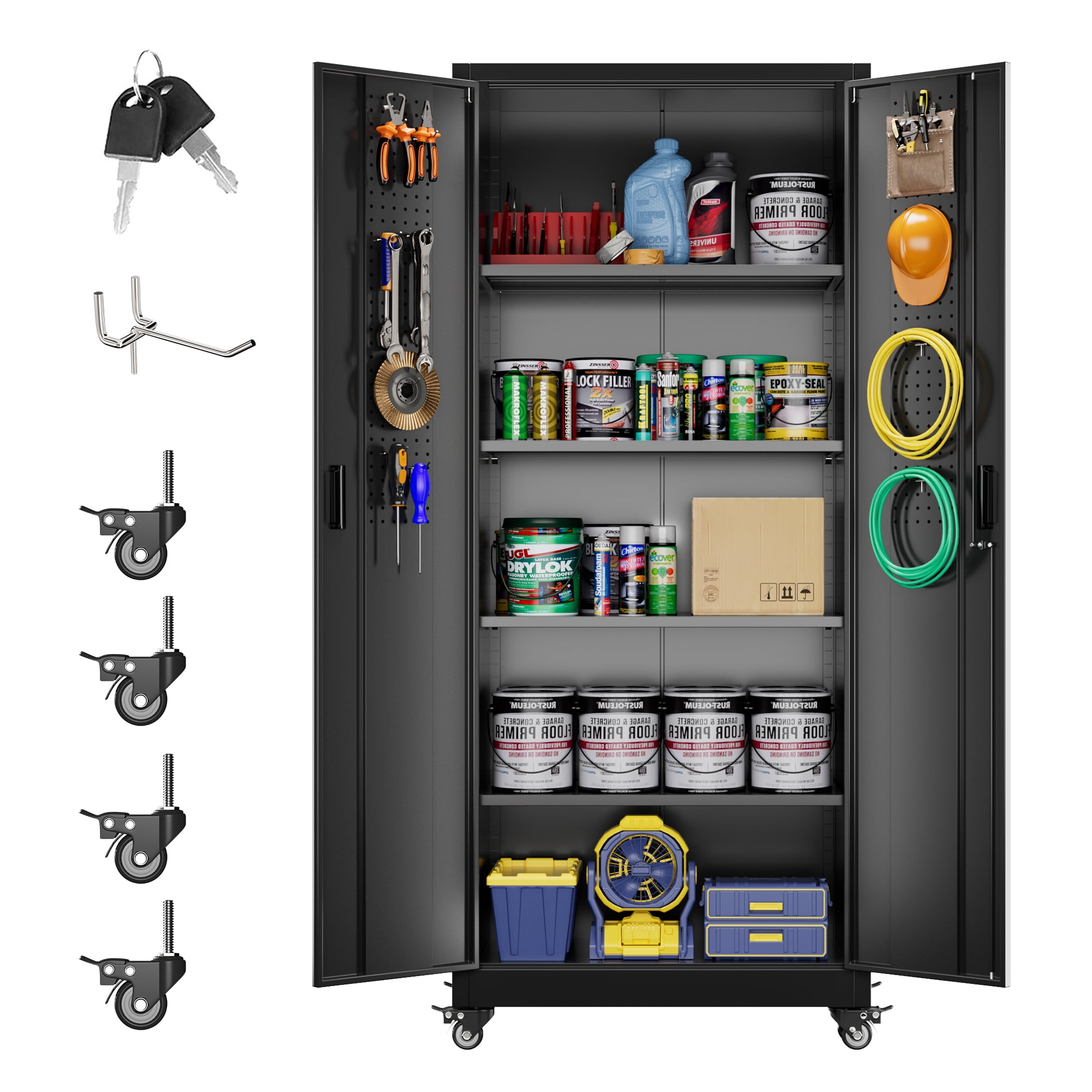 Aobabo 73" H Metal Storage Cabinet with Wheels and Pegboard for Garage ...