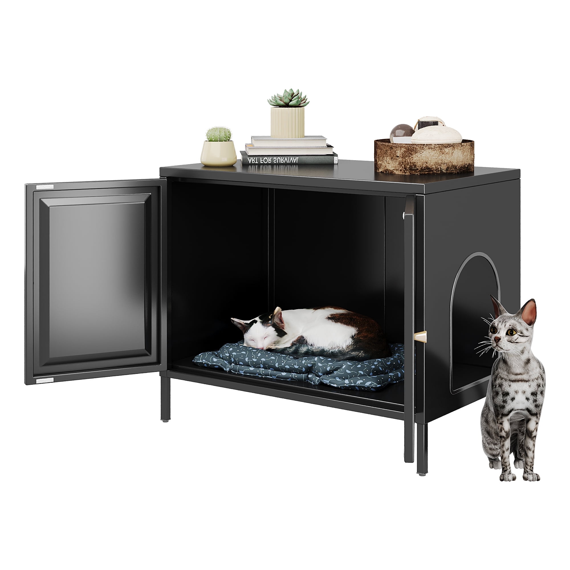 Aobabo Cat Litter Box Enclosure, Metal Cat Washroom Furniture with Barn ...
