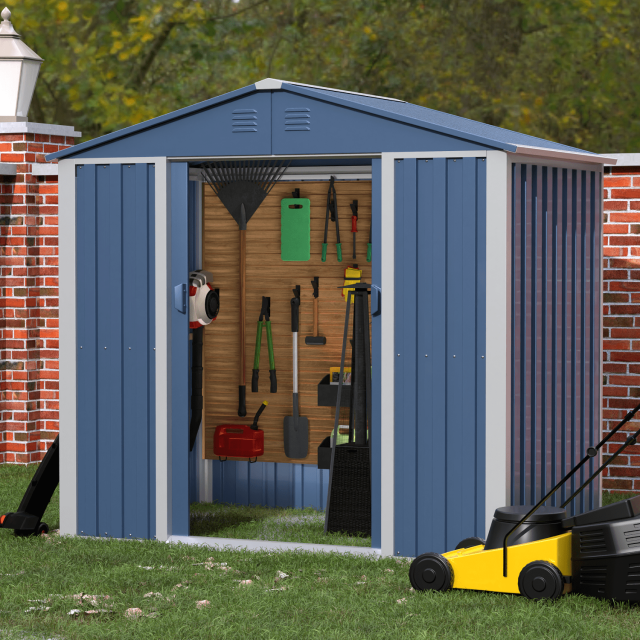 AOBABO Metal Outdoor Storage Shed with Sliding Door, 6.4' x 4', Blue ...