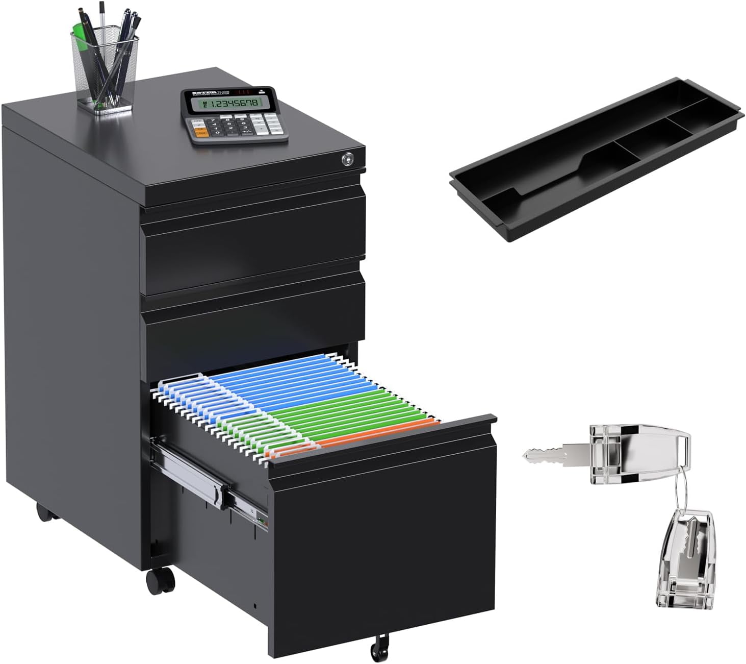 Aobabo Steel 3 Drawer Mobile File Cabinet with Lock, Under Desk Metal ...