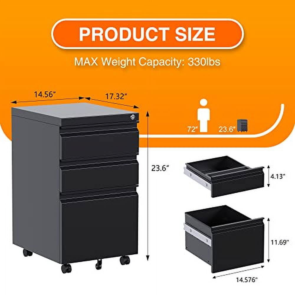 Aobabo Steel 3 Drawer Mobile File Cabinet with Lock, Under Desk Metal ...