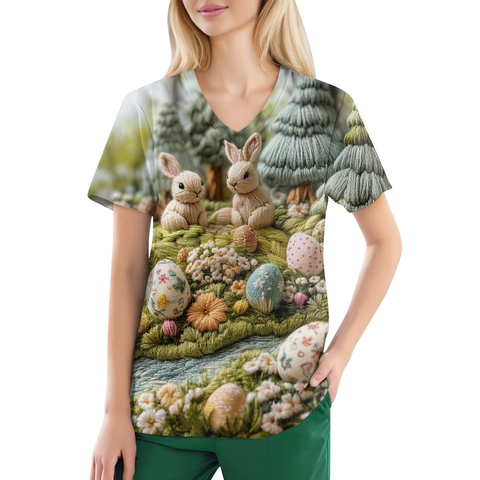 Aobliss Easter Scrubs Tops for Women Plus Size Bunny Egg Hunt Graphic ...