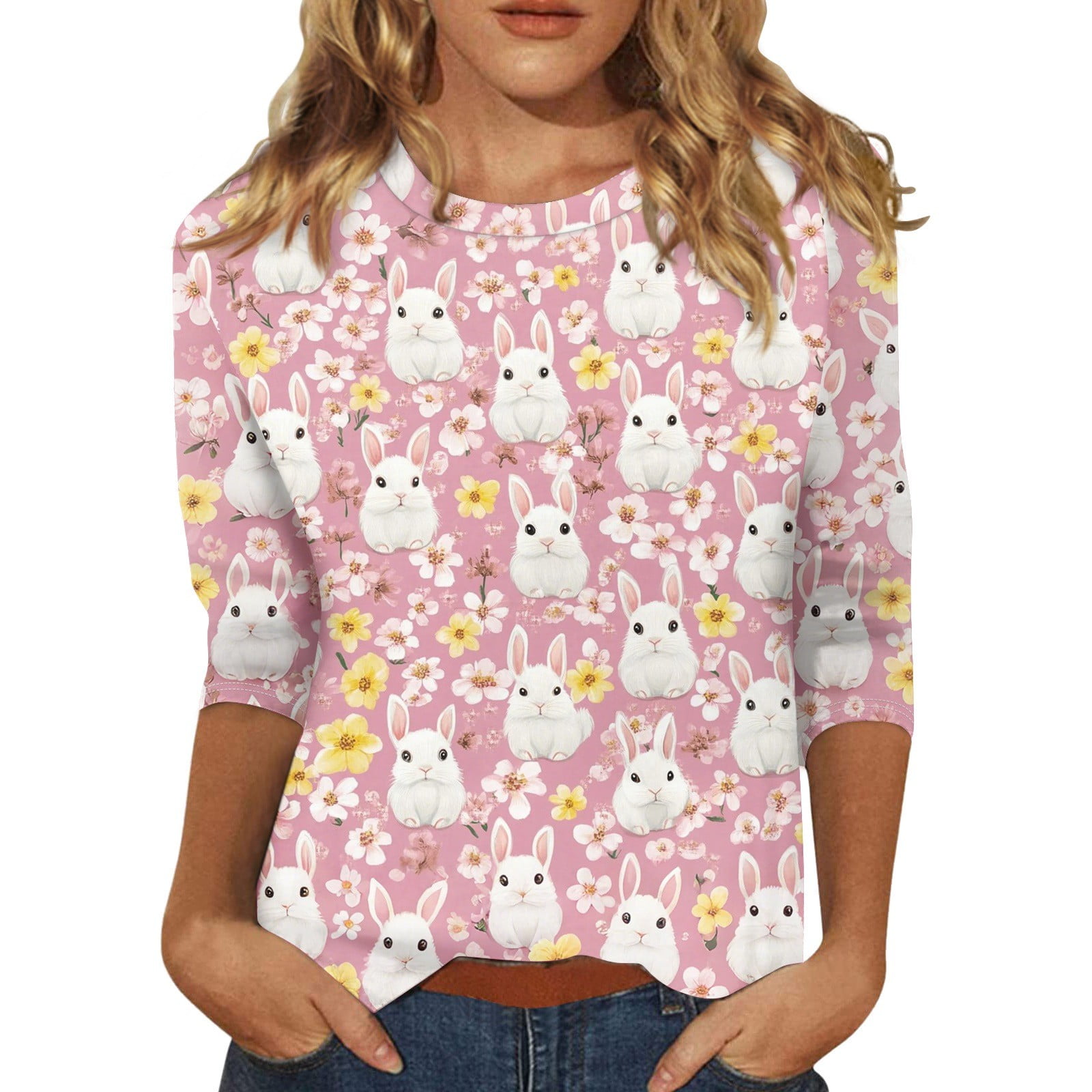 Aobliss Pink Easter Tops for Women Three Quarter Length Sleeve Bunny ...