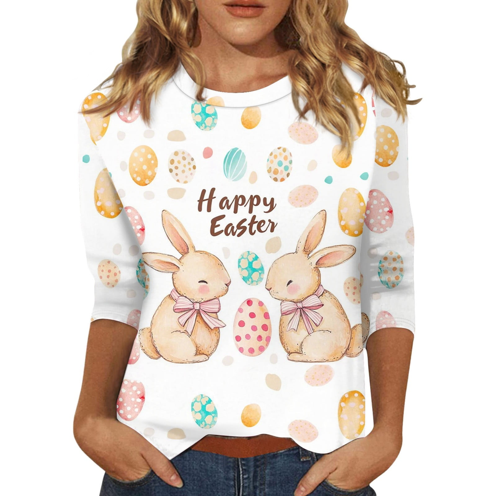 Aobliss Women's Easter Tops Three Quarter Length Sleeve Bunny Graphic ...