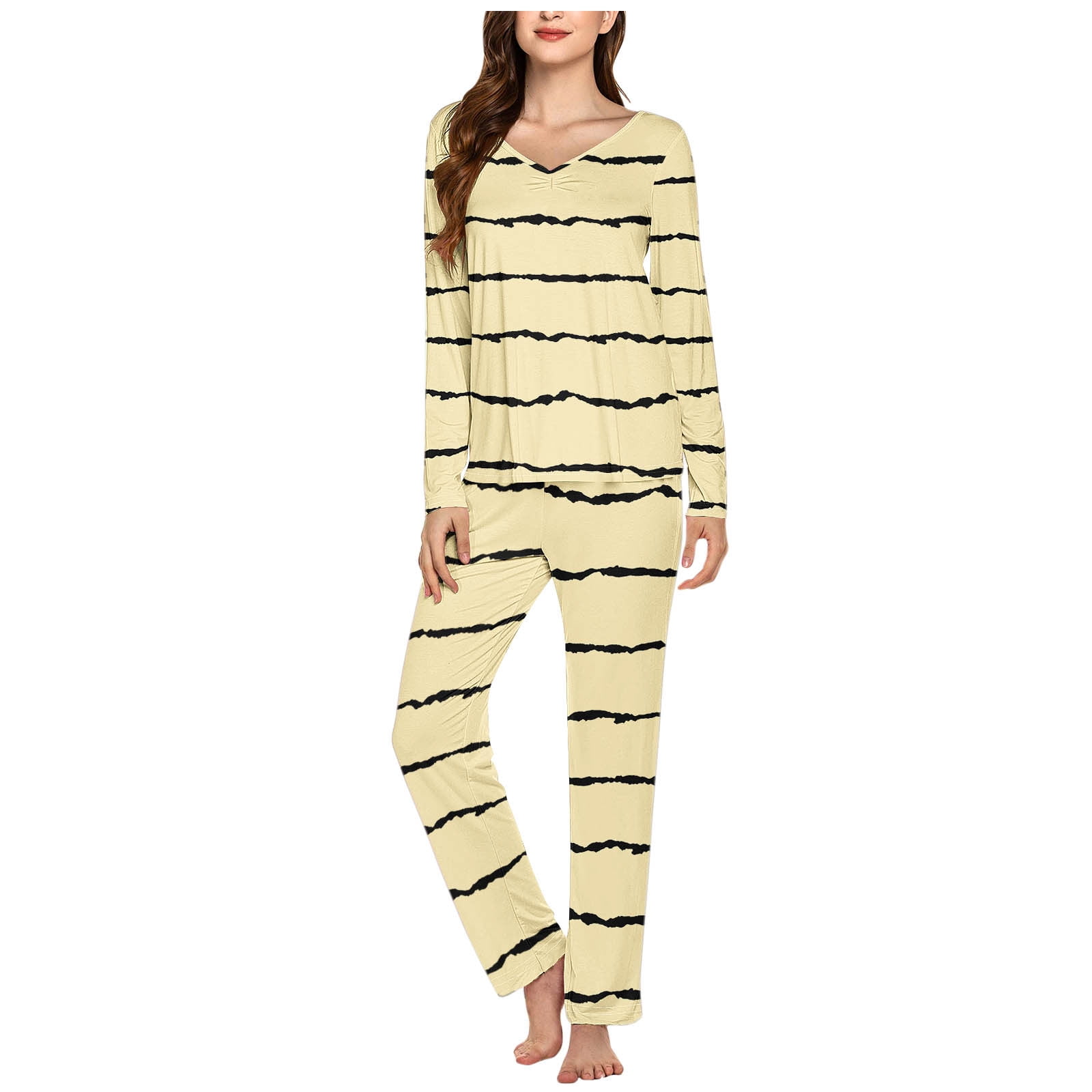 Aobny 2 Piece Soft Women's Pajamas 2025 Beige Sleepwear Sets Striped ...