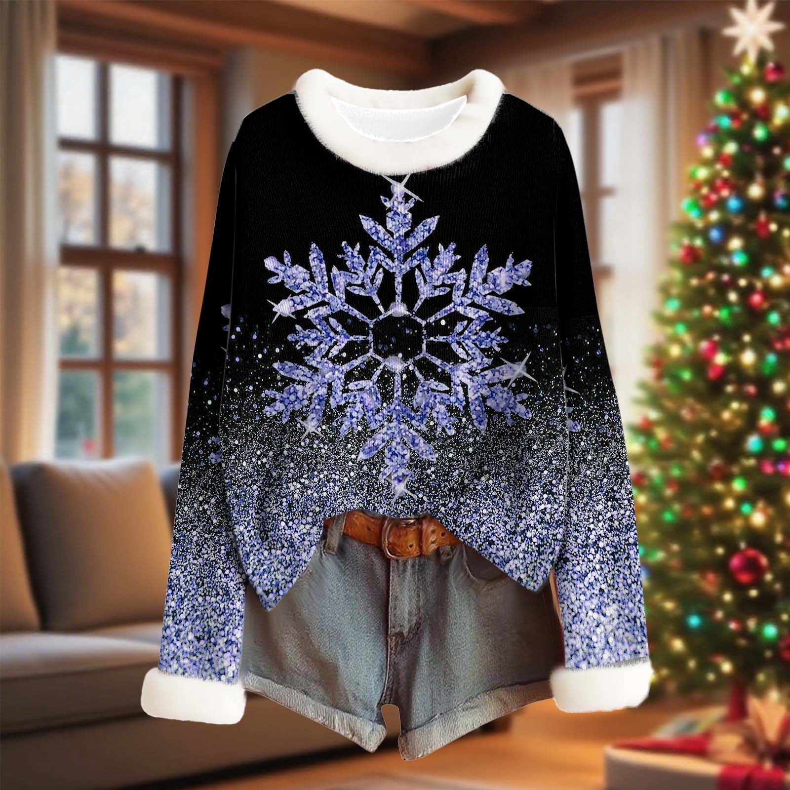 Aobny 2000s Clothing for Women Long Sleeve Purple Christmas Crew Neck ...