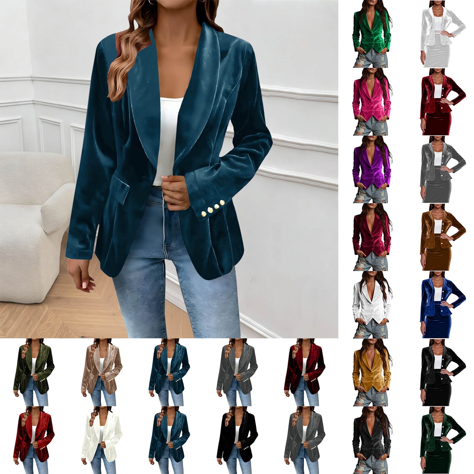 Aobny 2025 Blazers for Women Velvet Short Long Sleeve Jackets Plain ...