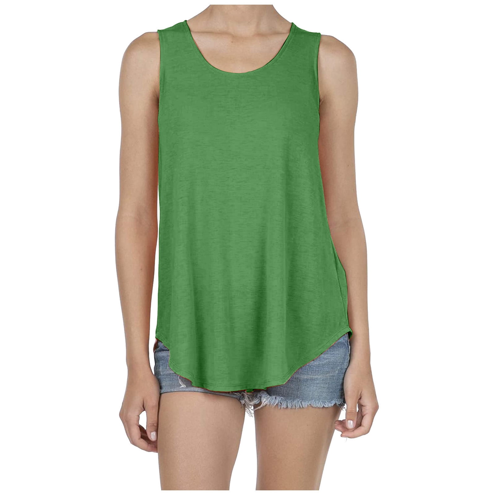 Aobny 2025 Leisure Women's Tank Tops Flowy Green Loose Tops Solid Crew ...