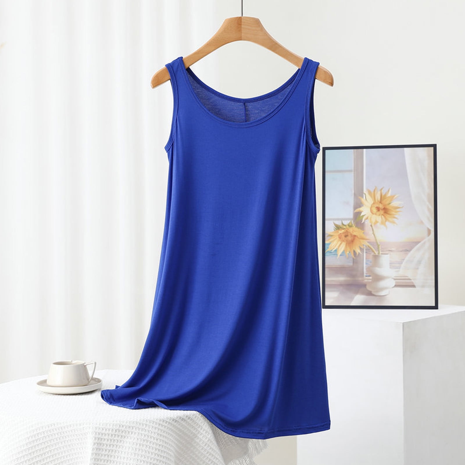 Aobny 2025 Women's Nightgowns Cotton Blue Sleep Tanks Sleeveless Short ...